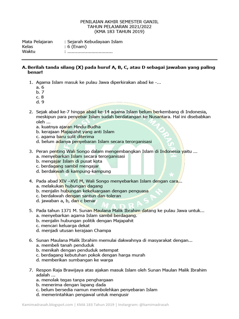 Soal Pas Ski Kelas 6 Mi - Kma 183 - Kamimadrasah | PDF