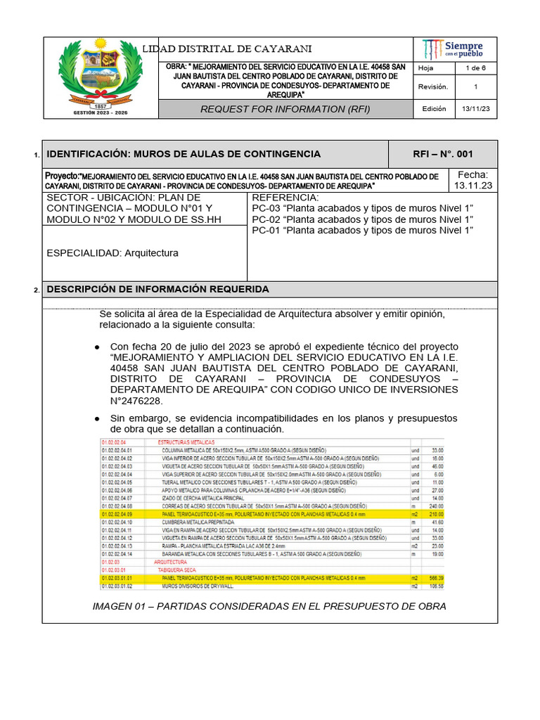 Rfi #01 - Tipos de Muros de Aulas de Contingencia | PDF