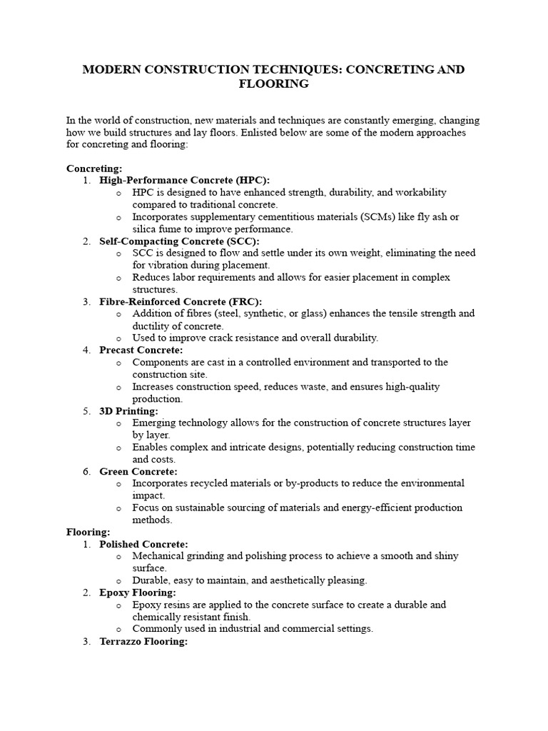 Modern Construction Techniques | PDF | Concrete | Flooring