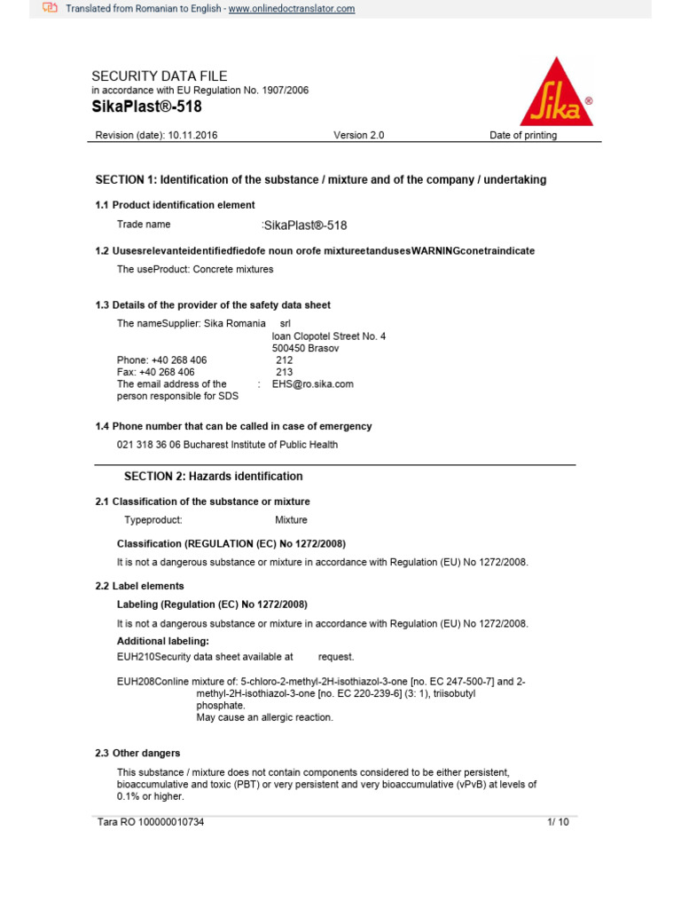 SikaPlast-518 (Ro) SDS - ENG | PDF | Occupational Safety And Health ...