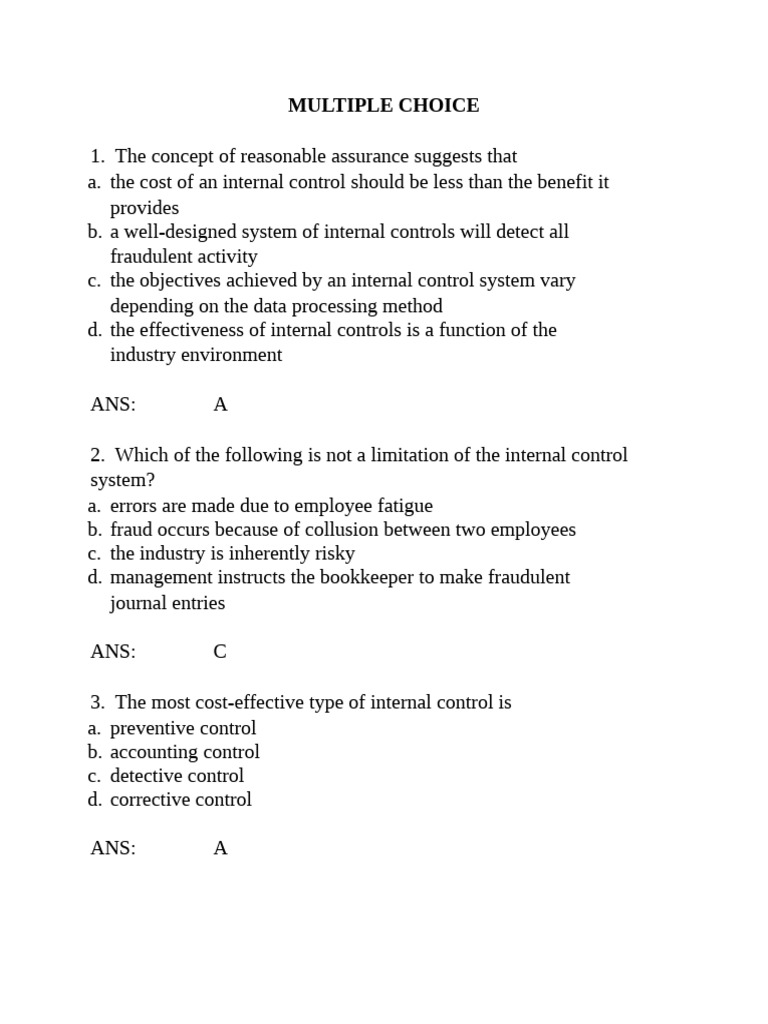 Ais ch3 MC | PDF | Audit | Internal Control