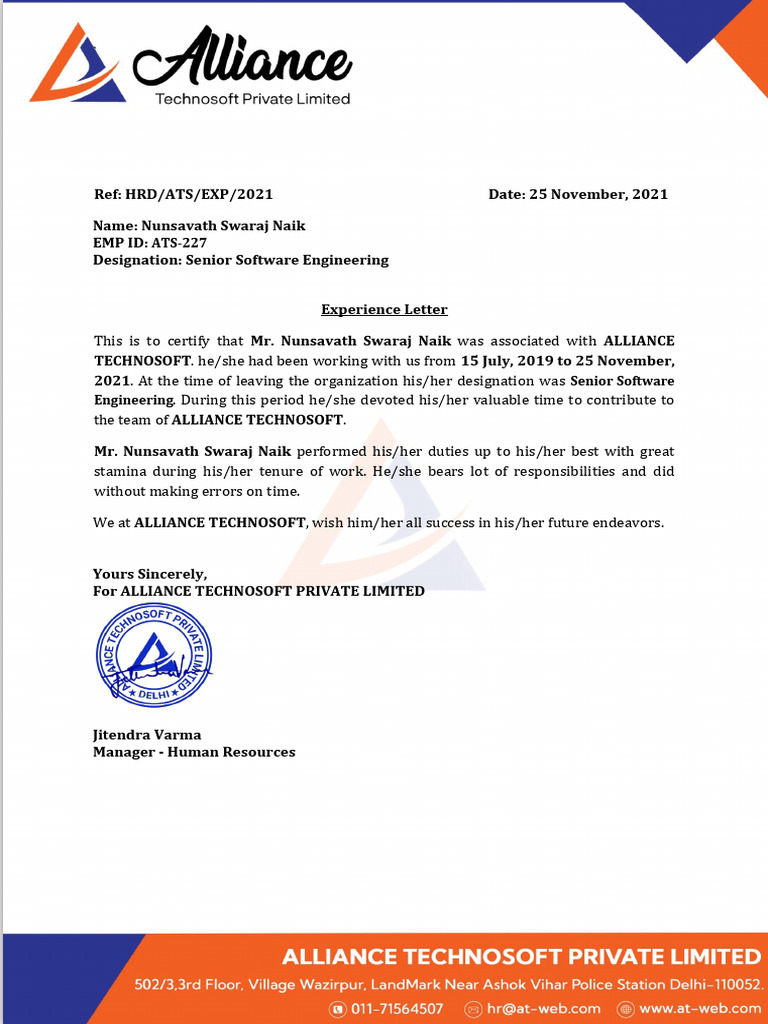 Experience Letter for Software Engineer | PDF