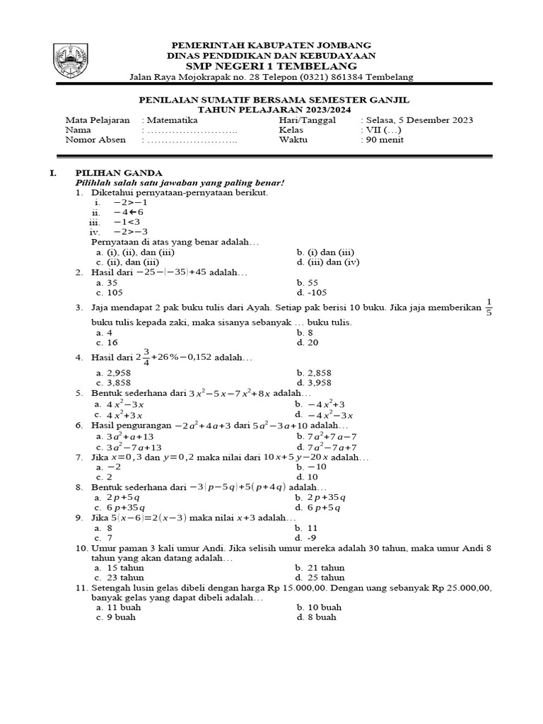 Naskah Soal PSB - Math - Ganjil | PDF