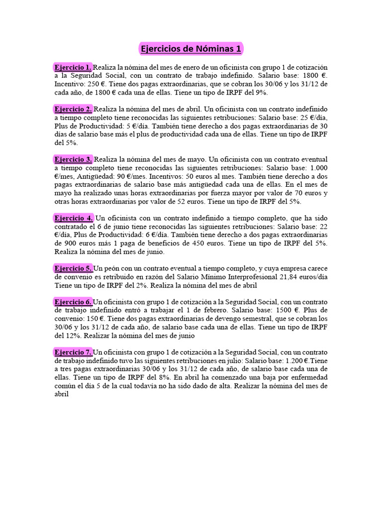Ejercicio de Nóminas 1 | PDF | Salario | Economias