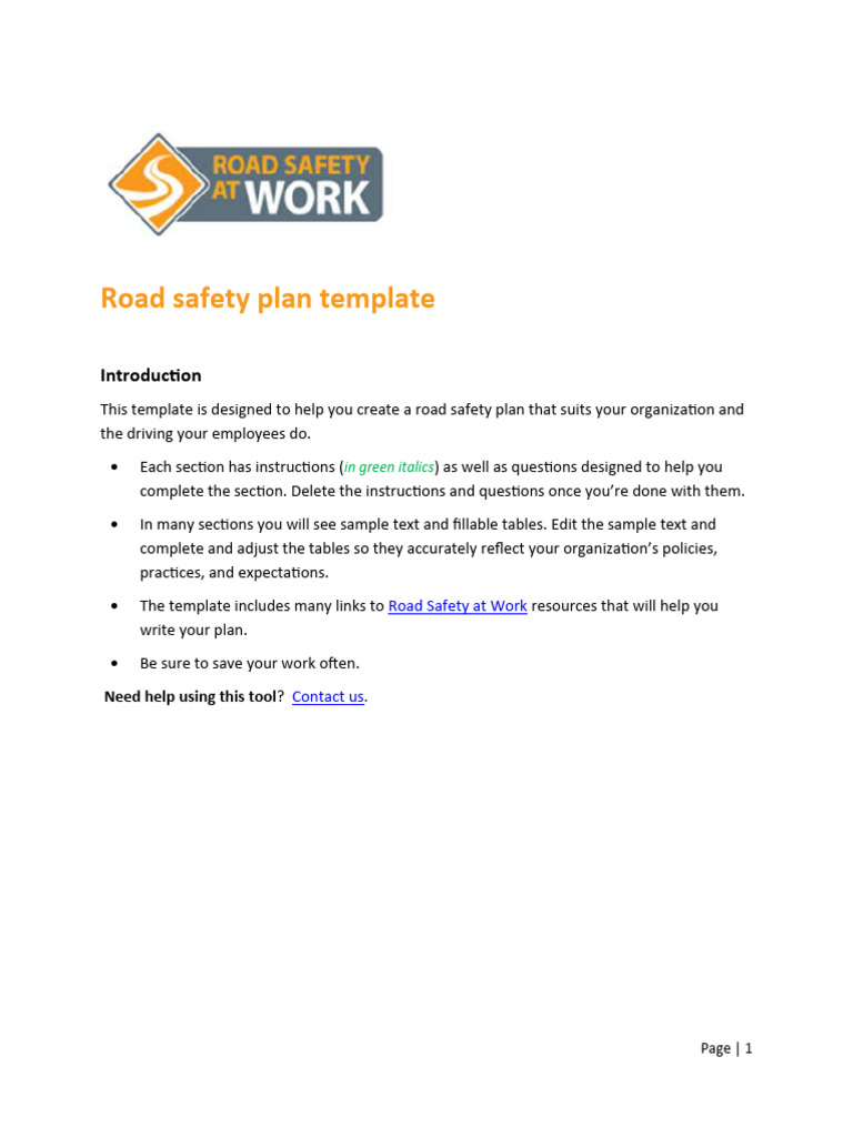 RSAW Road Safety Plan Template | PDF | Occupational Safety And Health ...