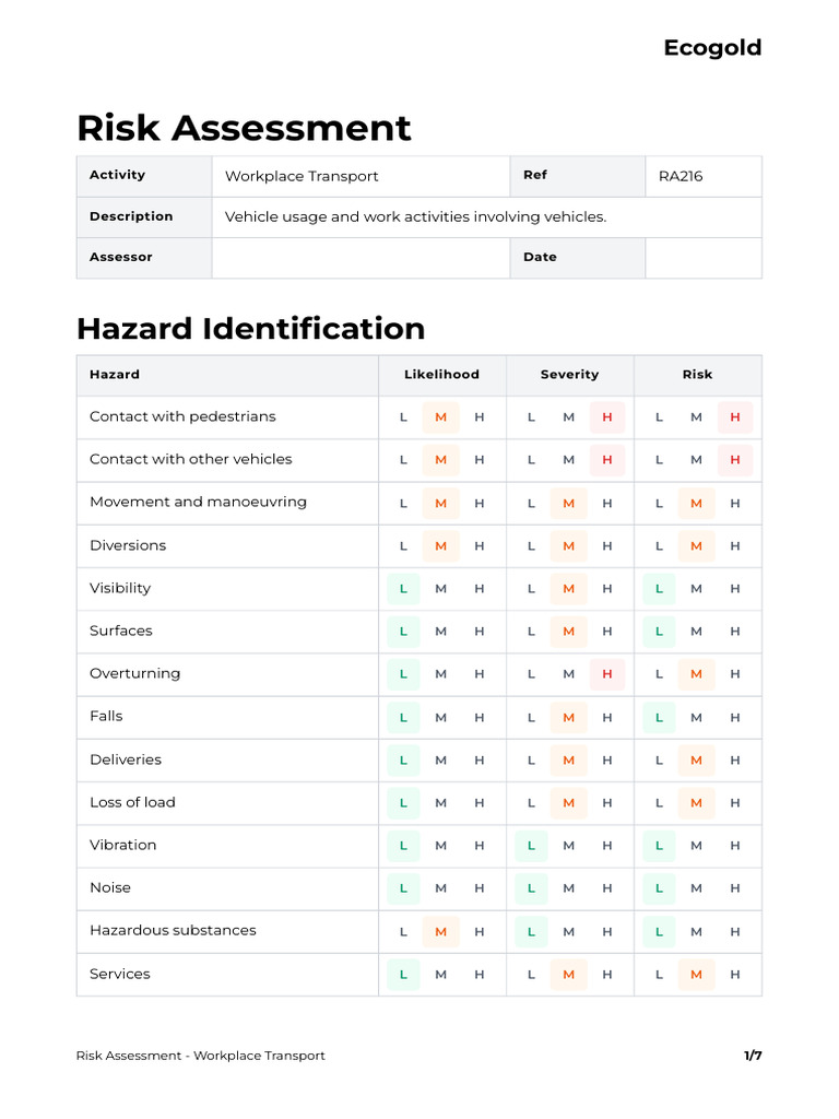 Risk Assessment-Workplace Transport | PDF | Traffic | Vehicles