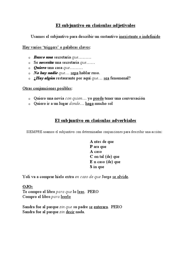 El Subjuntivo Claúsulas Adjetivales y Adverbiales | PDF