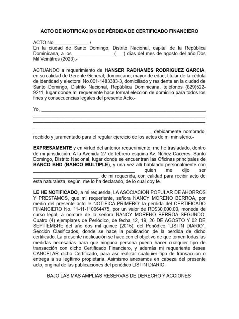 Acto de Notificacion de Pérdida de Certificado Financiero | Descargar ...
