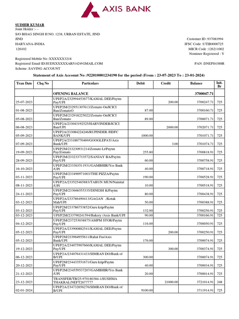 Axis Bank Savings Account Statement | PDF | Banks | Cheque