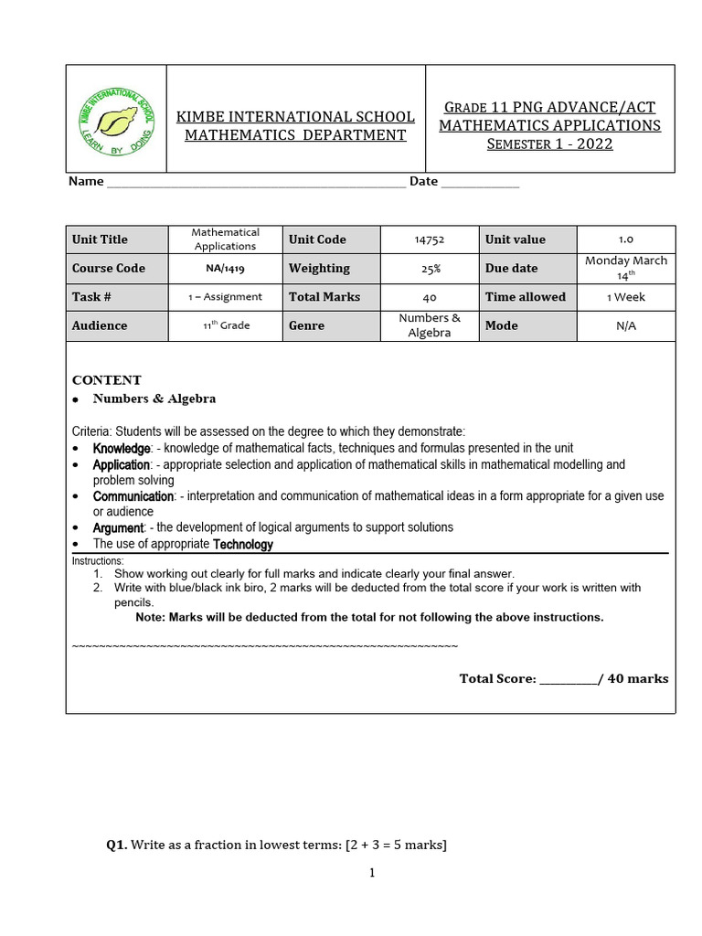 GR 11 Mathematics Applications Assignment1 Sem1.2022 | Download Free PDF | Mathematics
