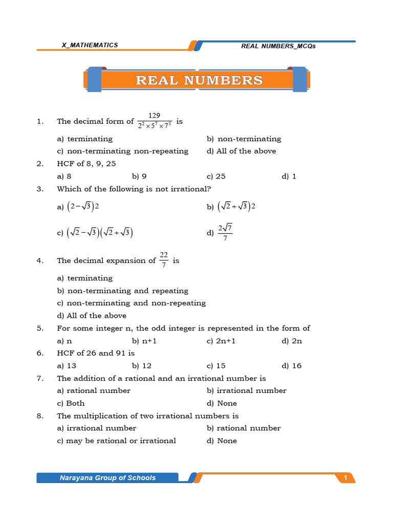 01 - REAL NUMBERS - MCQs | PDF | Numbers | Rational Number