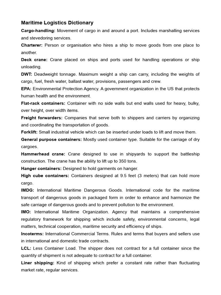 Maritime Logistics Vocabulary | PDF | Cargo | Containerization
