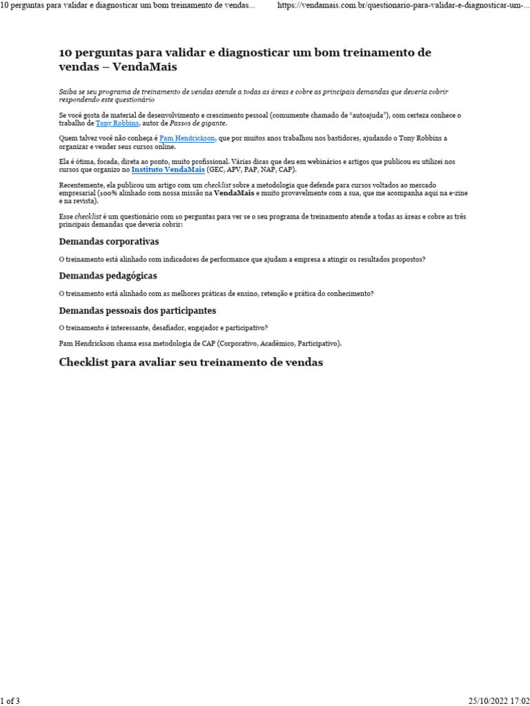 10 Perguntas para Validar e Diagnosticar Um Bom Treinamento de Vendas - VendaMais | PDF