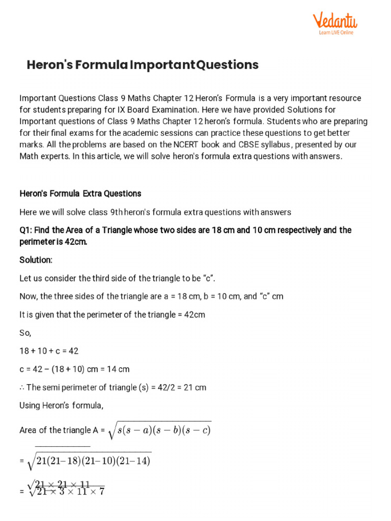 Heron's Formula Important Questions | PDF