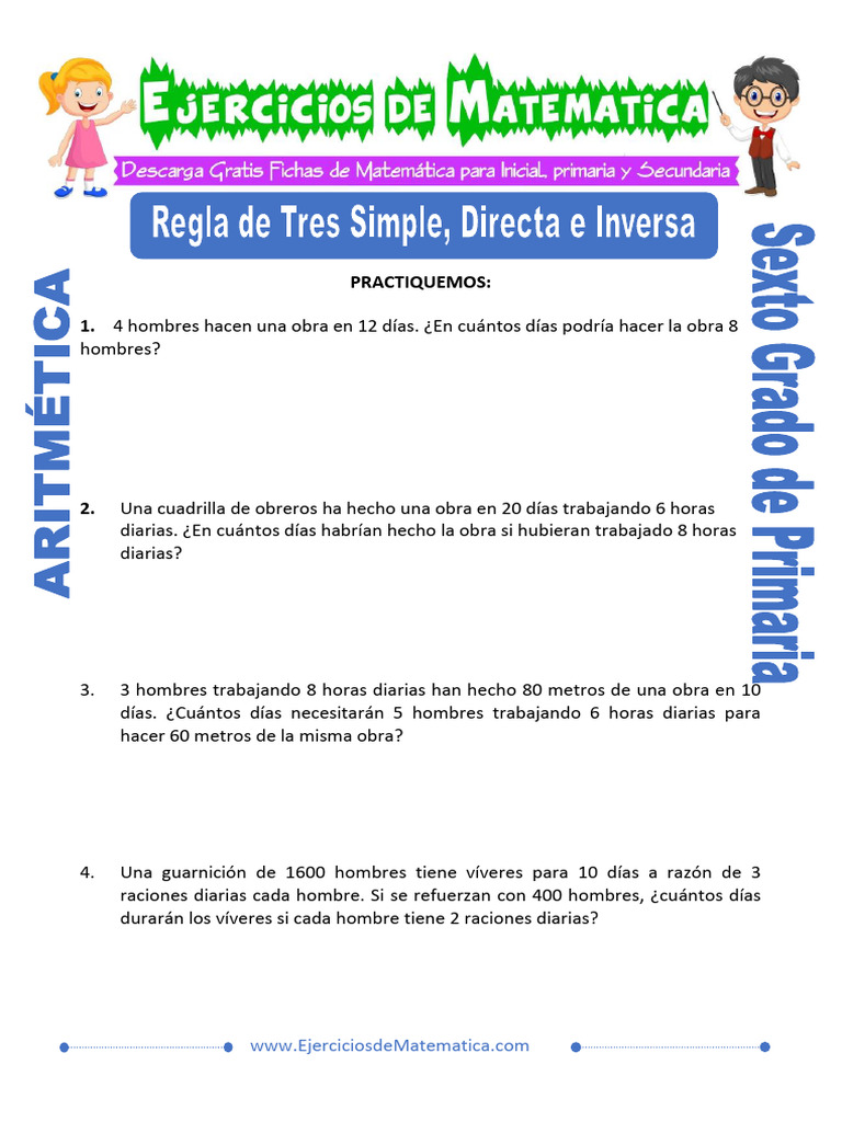 Ejercicios de Regla de Tres Simple Directa e Inversa para Sexto de ...