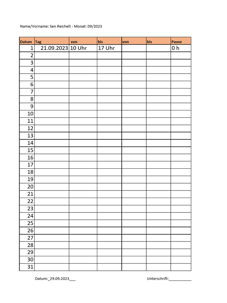 Stundenzettel Vorlage | PDF