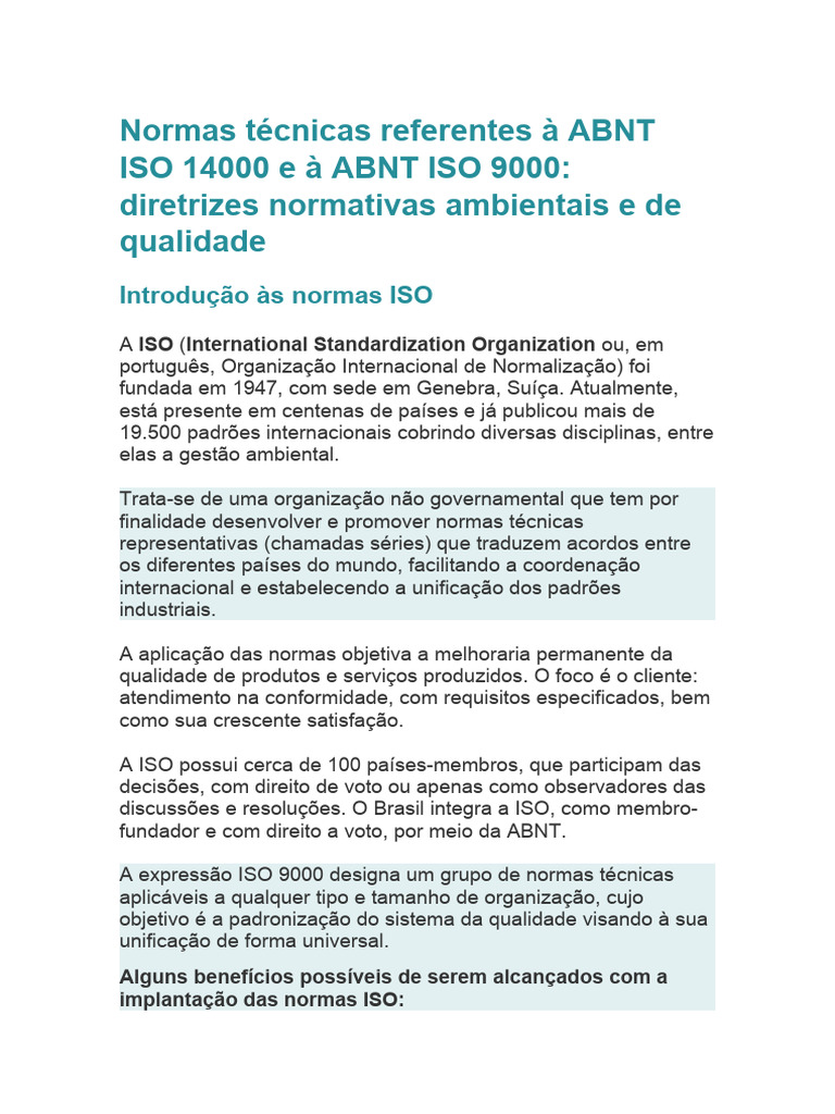 Normas Técnicas Referentes À ABNT ISO 14000 e À ABNT ISO 9000 | PDF