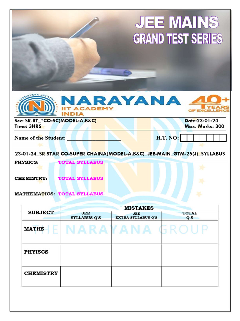 23.01.24 SR - Star Co-Sc (Model-A, B&C) Jee Main Gtm-25 (J) QP | PDF ...