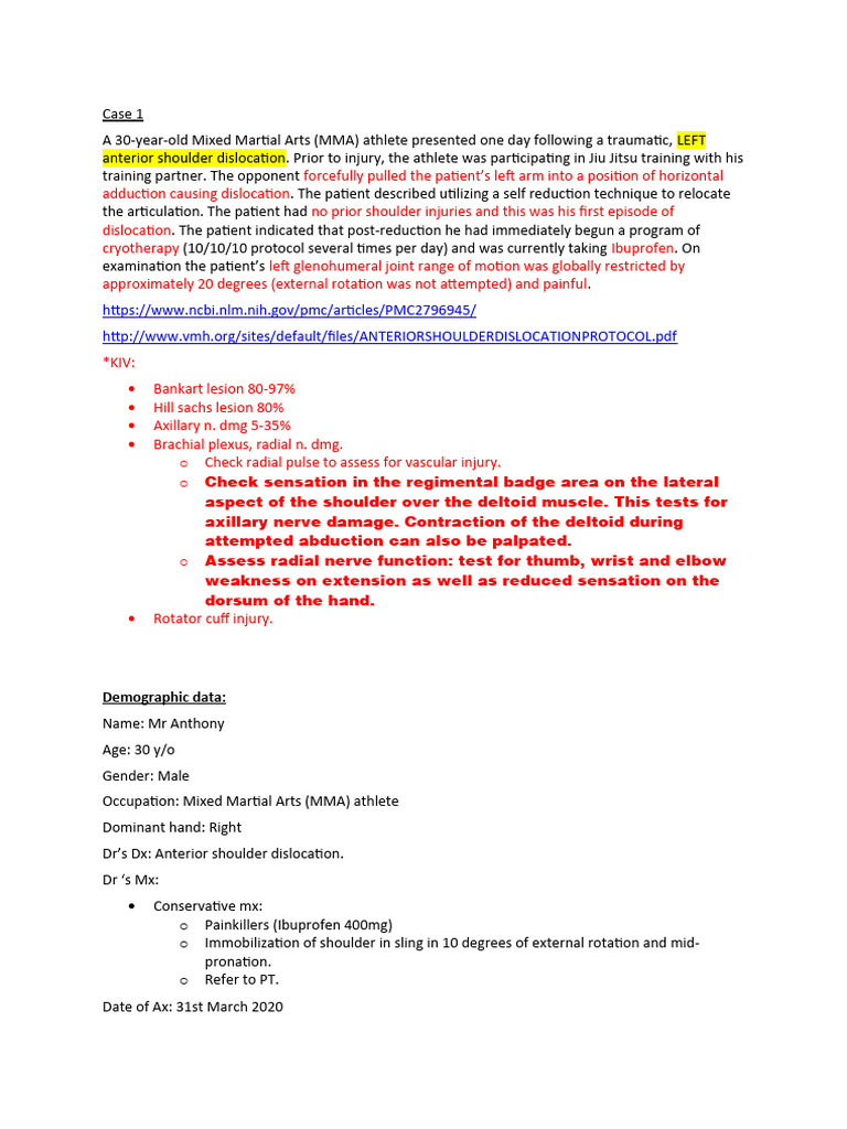 PTMSK Case Write Up Example | PDF | Anatomical Terms Of Motion | Shoulder