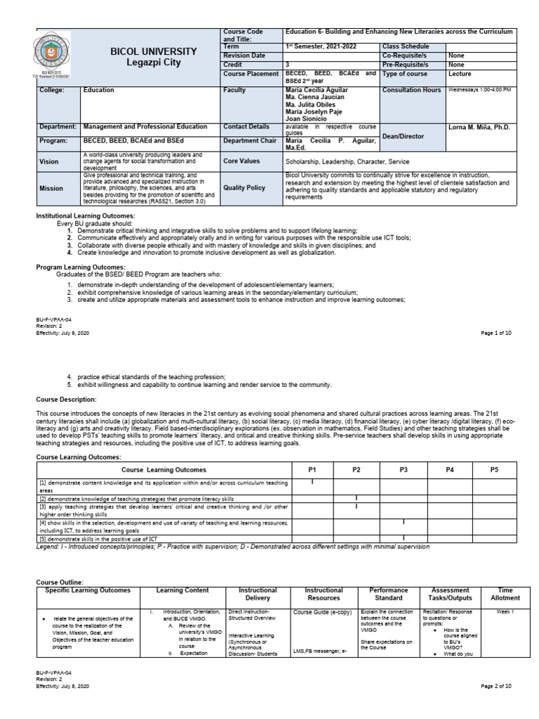 BENLAC Syllabus 2021 | PDF | Educational Technology | Literacy
