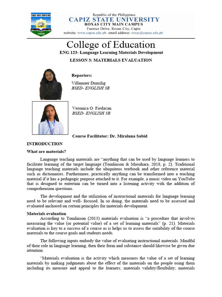 Eng 123-Lesson3 Materials Evaluation-Dumilig - Fiedacan | PDF | Second Language Acquisition ...