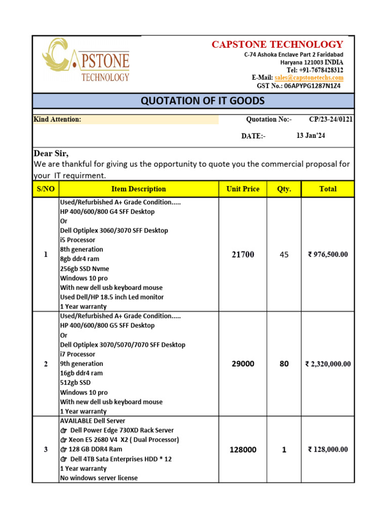 Quotation of Refurbished Desktop | PDF | Dell | Video Game Platforms