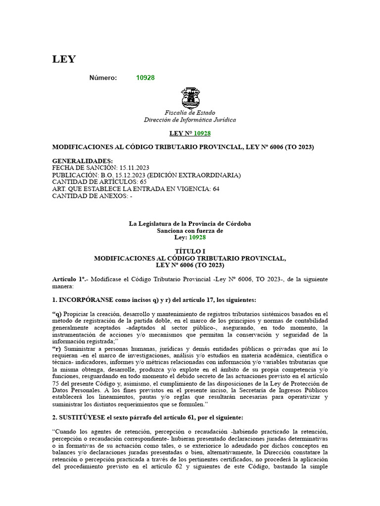 Ley N° 10928 - Modificaciones Al Codigo Tributario Provincial Ley N° 6006 T.O. 2023 | PDF ...