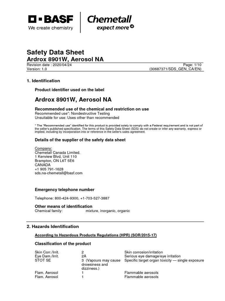 Ardrox-8901W-White-Contrast-Paint-Safety-Data-Sheet-20200827 | PDF ...
