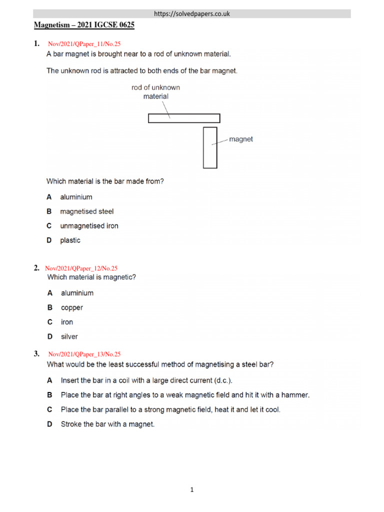 IGCSE Magnetism Exam Papers | PDF