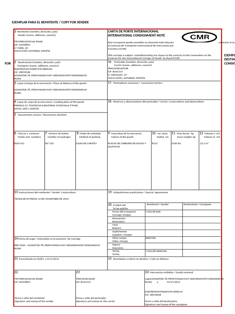 Carta de Porte Internacional CMR | PDF