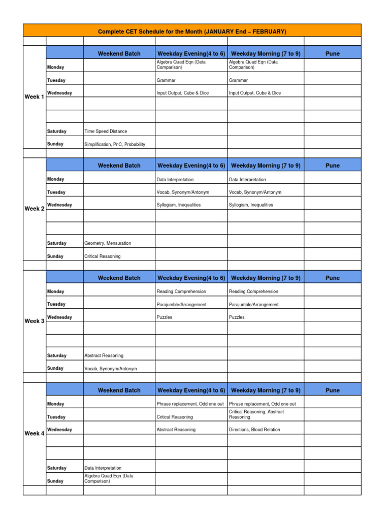 Complete CET Schedule For The Month | PDF | Workweek And Weekend ...