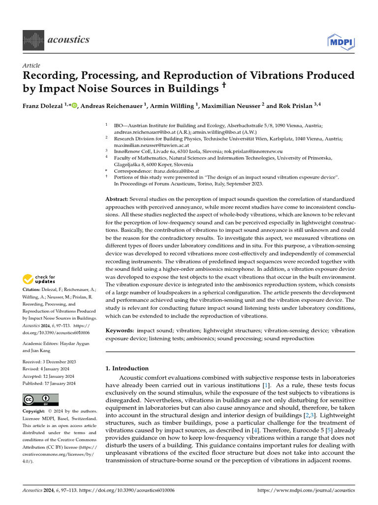 Recording, Processing, and Reproduction of Vibrations Produced by Impact Noise Sources in ...