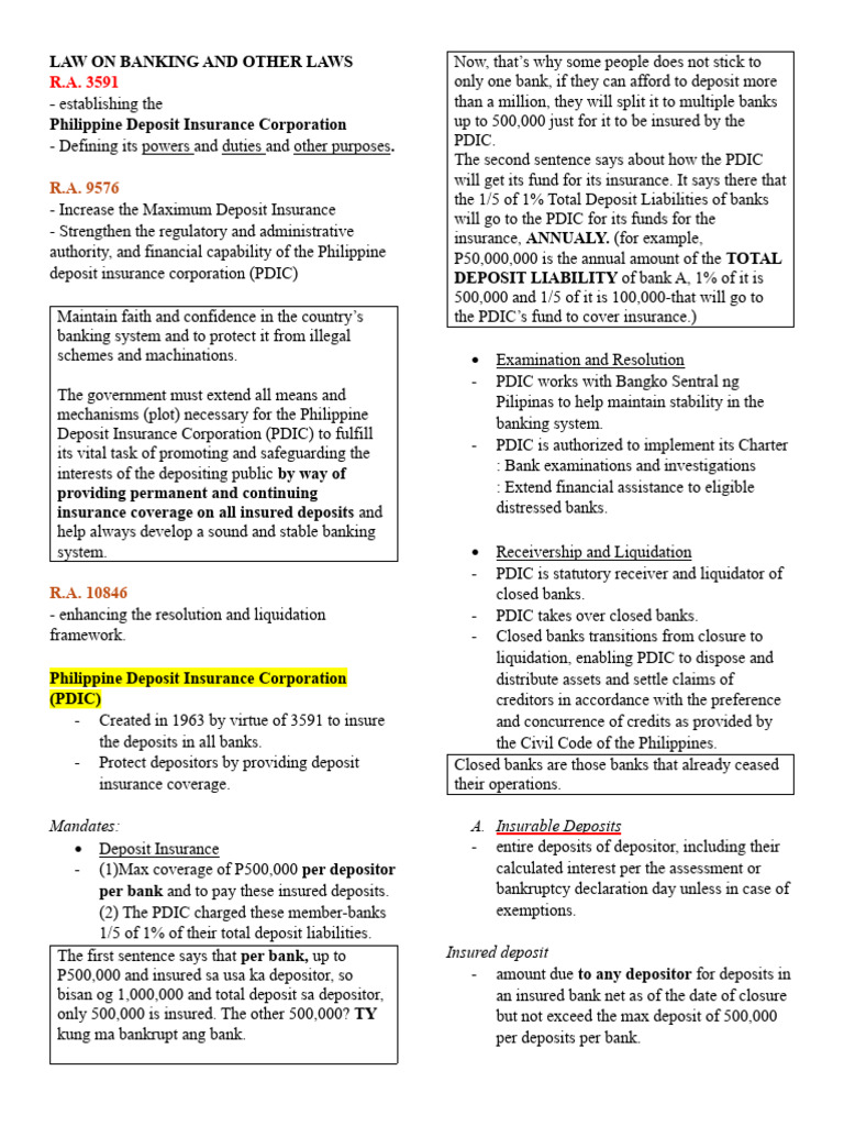 Law On Banking And Other Laws Pdf Deposit Account Banks