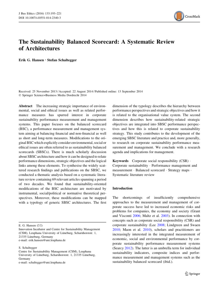 Hansen Schaltegger 2016 SBSC Systematic Review | PDF | Sustainability | Corporate Social ...