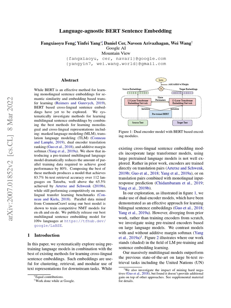 Language-Agnostic BERT Sentence Embedding | Download Free PDF | Multilingualism | Linguistics