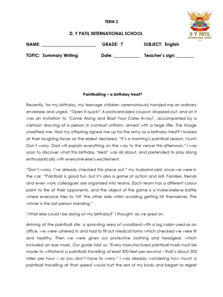 Grade 7 Summary Writing Worksheet 1 | PDF