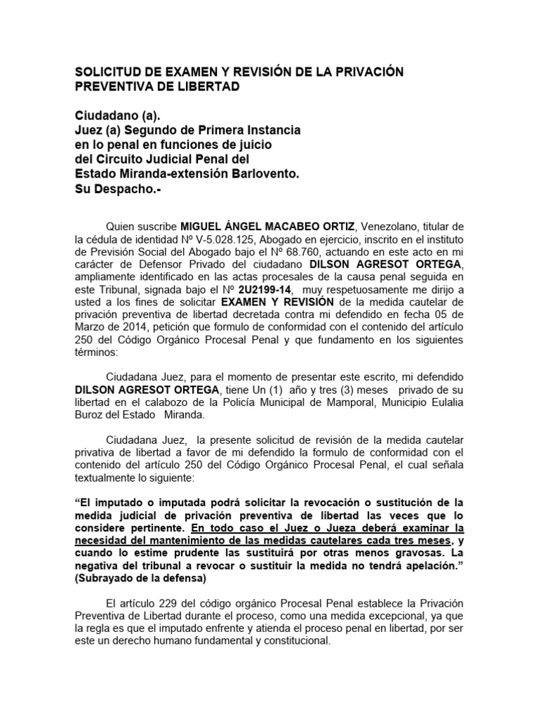 Solicitud Revision Privacion Libertad Dilson Agresot | PDF | Mandato ...