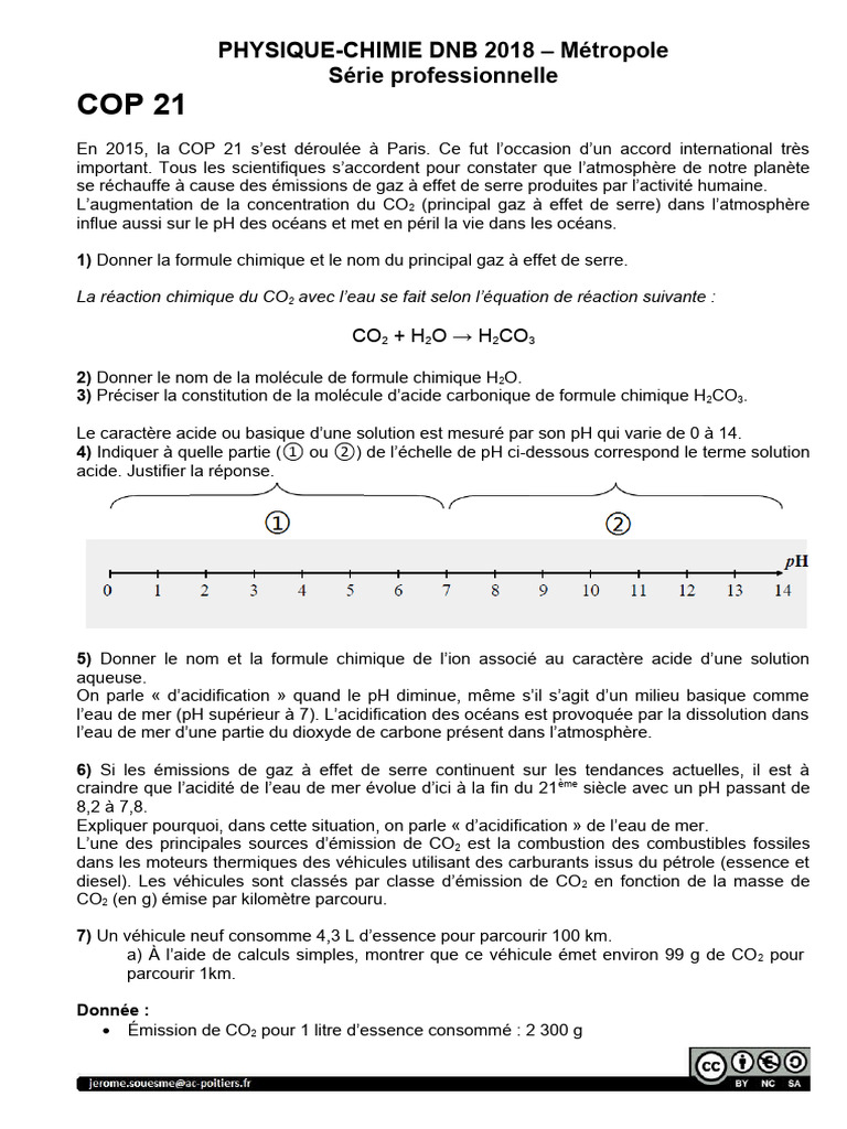 Physique-Chimie DNB 2018 Sept Metropole Serie Professionelle | PDF