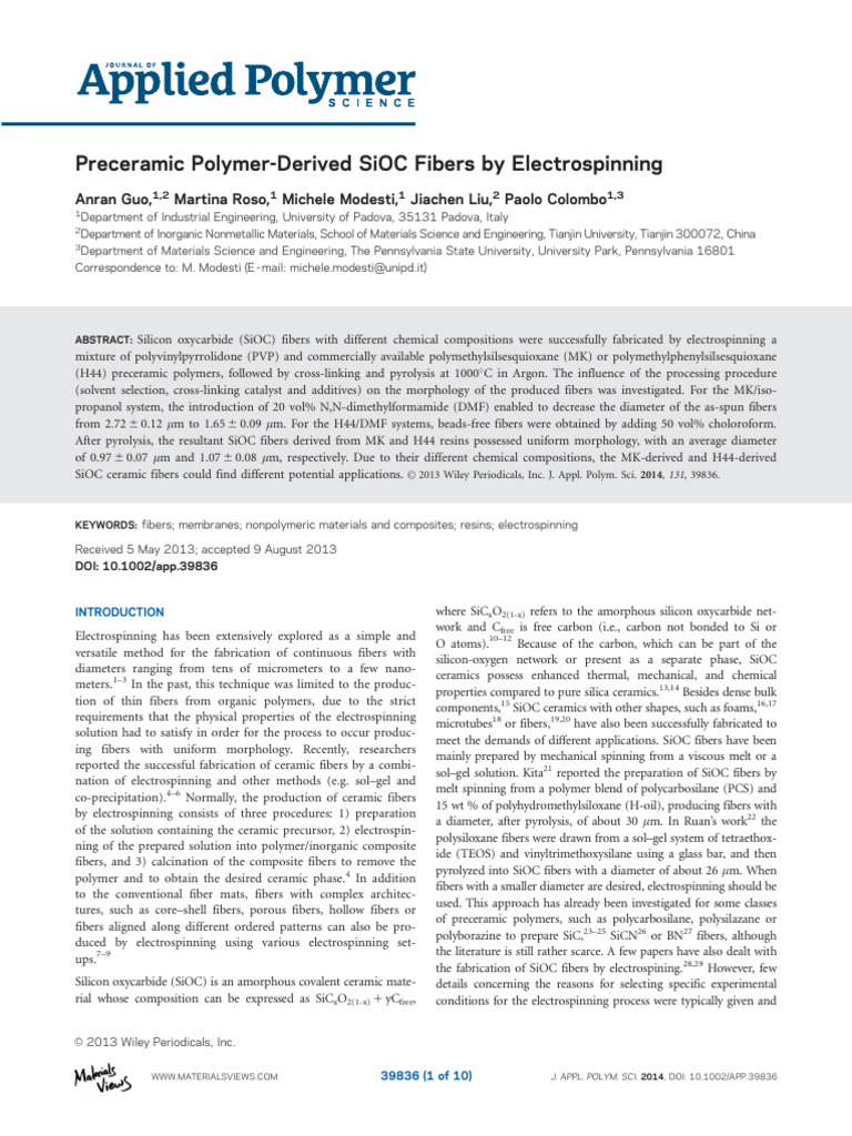 J of Applied Polymer Sci - 2013 - Guo - Preceramic Polymer Derived SiOC ...