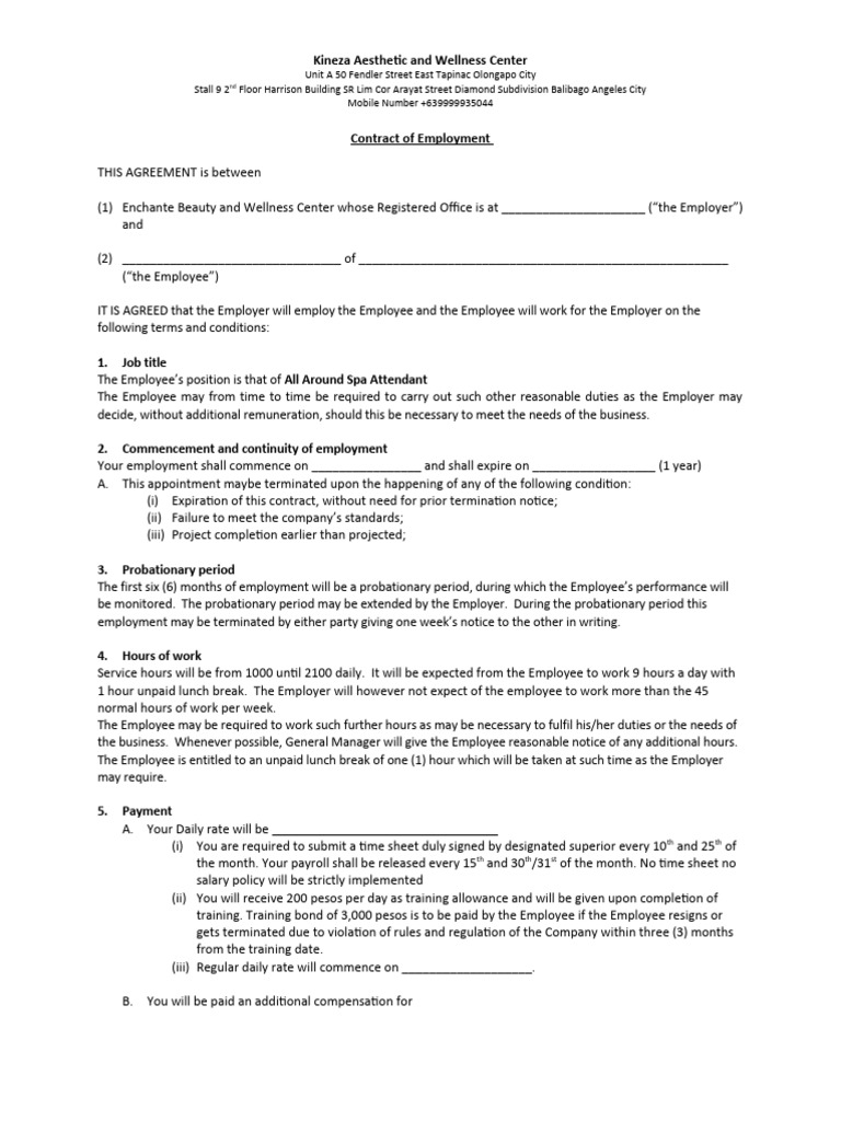 Spa Employee Contract Agreement | PDF | Employment | Salary