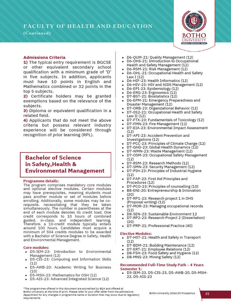 Bachelor of Science in Safety Health and Environmental Management | PDF