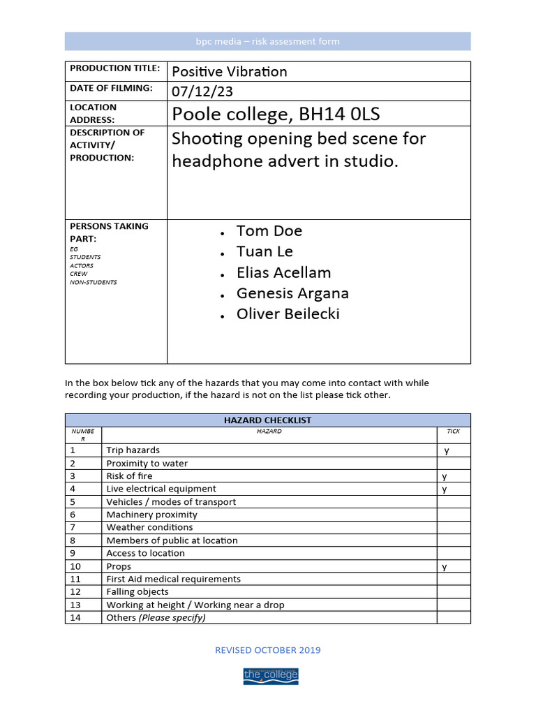 BPC Risk Assesment Studio | PDF | Risk Assessment | Safety