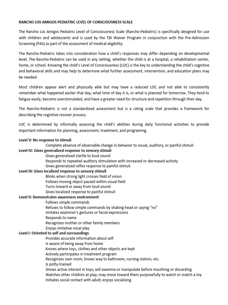 Rancho Los Amigos Pediatric Level of Consciousness Scale | PDF ...