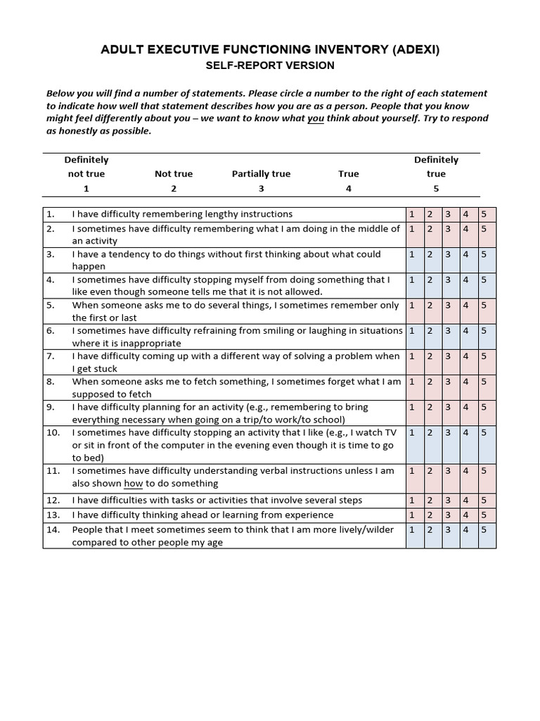 Adexi Selfreport Eng Color Coded | PDF