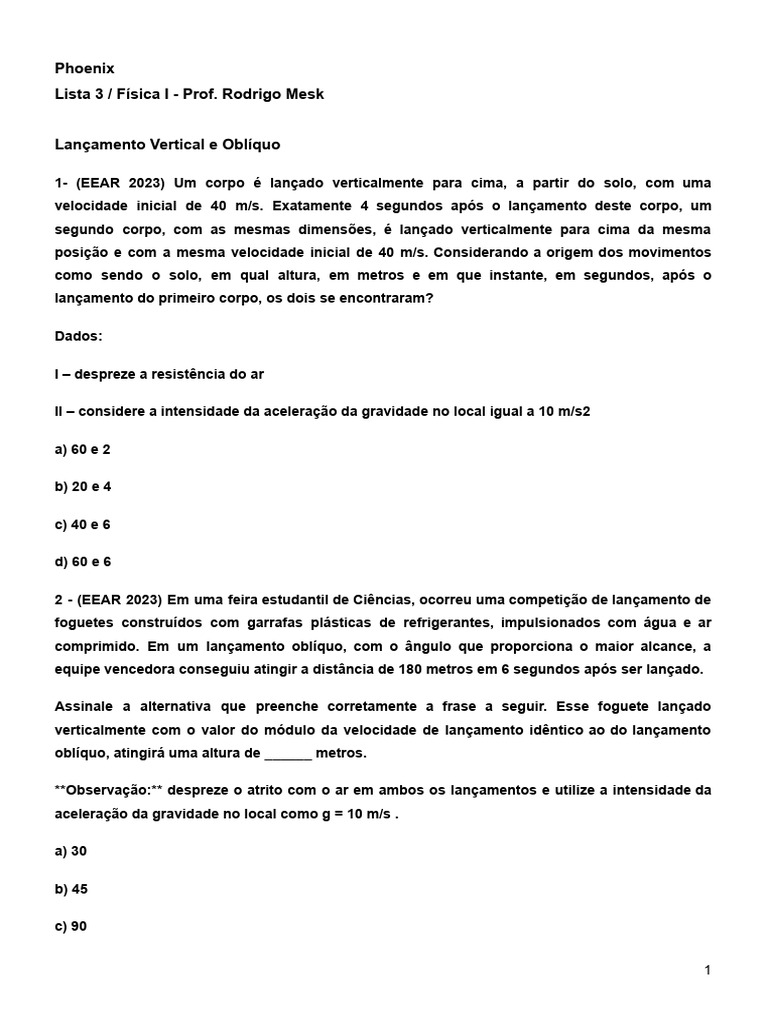 Lista 3 - FÍSICA I - RODRIGO MESK | PDF
