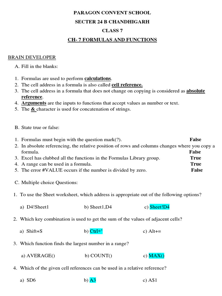 Class 7 CH 7 Formulas and Functions | PDF | Microsoft Excel | Numbers
