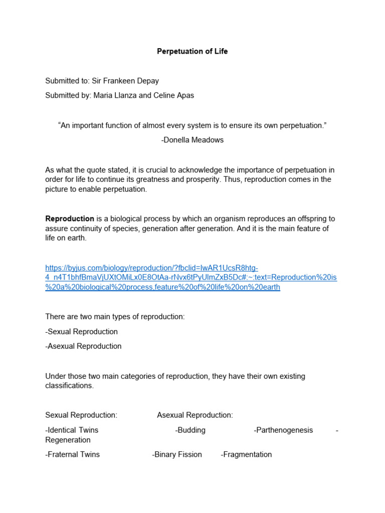 Perpetuation of Life | PDF