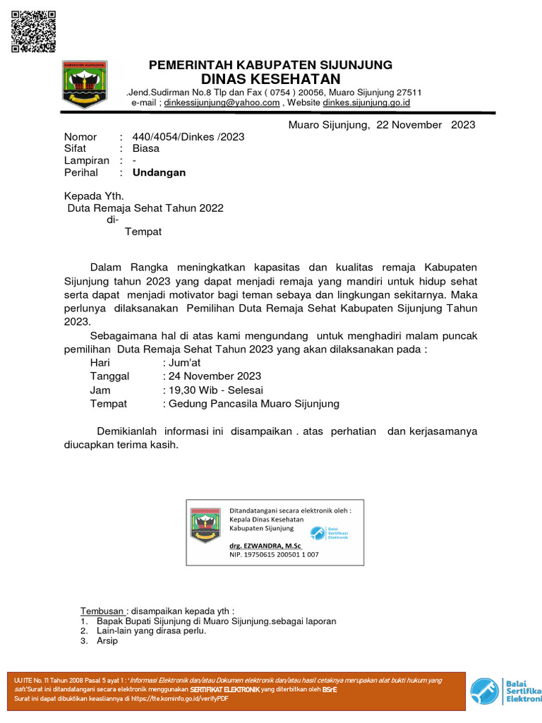 Surat Undangan Malam Puncak Untuk (Duta 2022) | PDF