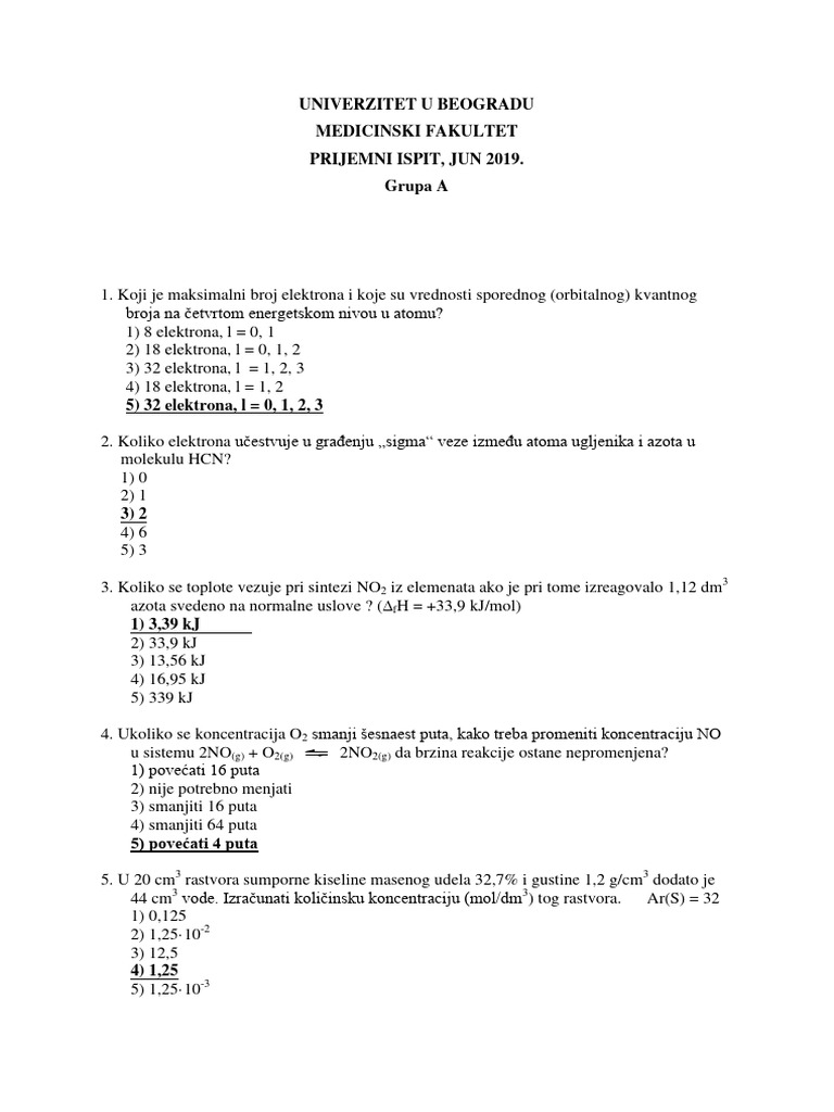 Prijemni Test Iz Hemije I Biologije Sa Resenjima 2019 | PDF