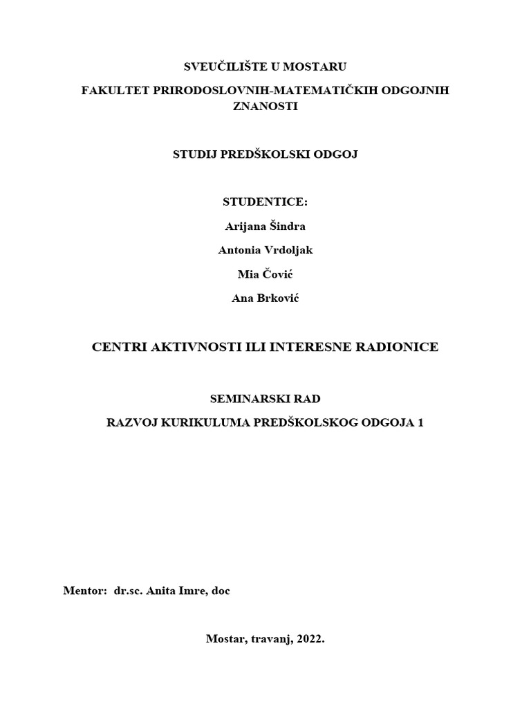 Centri Aktivnosti Ili Interesne Radionice Seminar | PDF